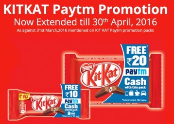 Free Rs. 10 or Rs. 20 PayTm Cash on Purchase of KitKat